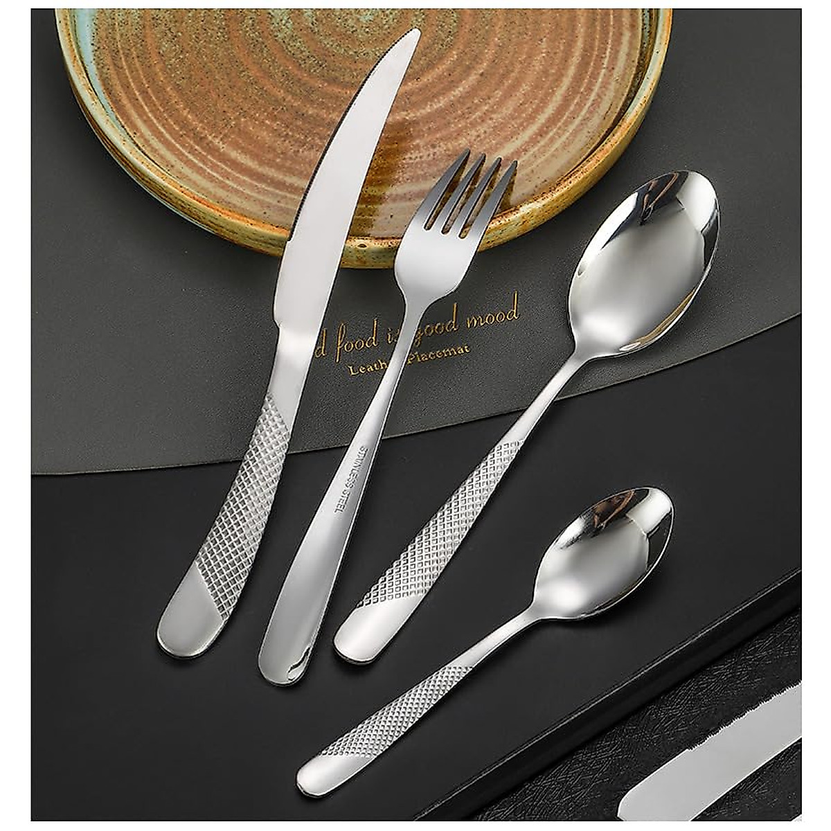18/8 stainless steel flatware set for 8, tableware set handle France style cutlery set with knife, fork, spoon, steak knife in Diamond texture pattern, perfect as a housewarming gift