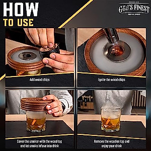 Whiskey Smoker Kit with Quad Flame Torch, Scorch Shield, Lid, 6 Wood Chips & Wooden Gift Box for Smoked Old Fashioned Bourbon Drink Infuser| Cocktail Smoker (Cherry Wood, No Butane)