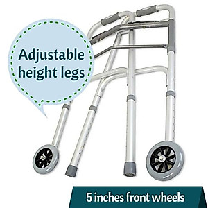 Walker Folding Deluxe 2 Button with Front 5" Wheels and free ski and round rear glide caps, Adjustable Height (Short, Standard, Tall People) by Healthline Trading