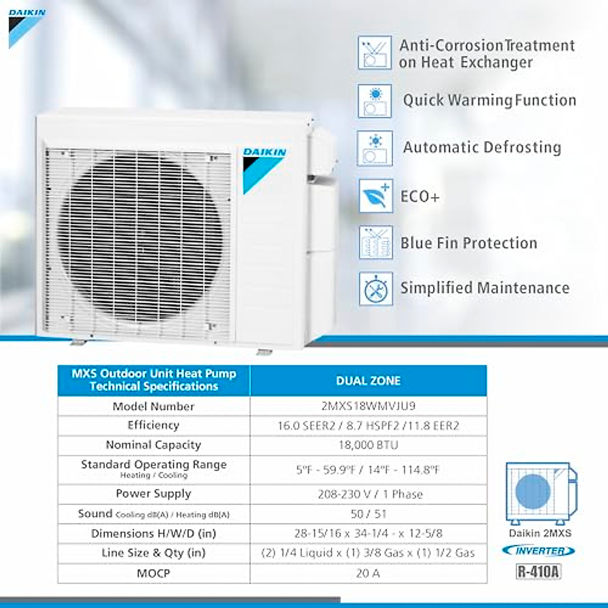 Daikin 2-Zone (2MXS18W) Ductless Mini-Split A/C Heat Pump System w/Maxwell 16 ft. Installation Kit and Wall Mounting Bracket (9K+9K)