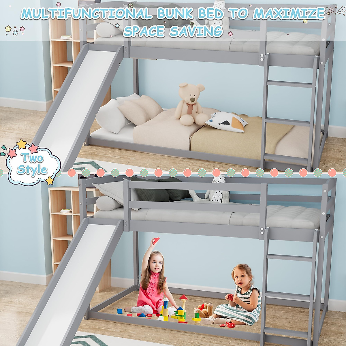 DreamBuck Twin Over Twin Bunk Bed with Convertible Slide and Ladder, Wooden Low Bunk Bed for Kids Teens with Safety Guardrails, Floor Bunk Bed for Boys Girls, Space Saving & Easy Assembly, Grey
