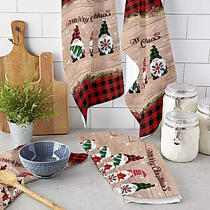 Christmas Kitchen Towels,Merry Christmas Buffalo Plaid Farm Gnomes Snowflake Pine Tree Super Soft 16x28 Inches Dish Cloth,Cotton Absorbent Tea Towels/Bar Towels/Cleaning Cloths/Hand Towels,(2 Pack)