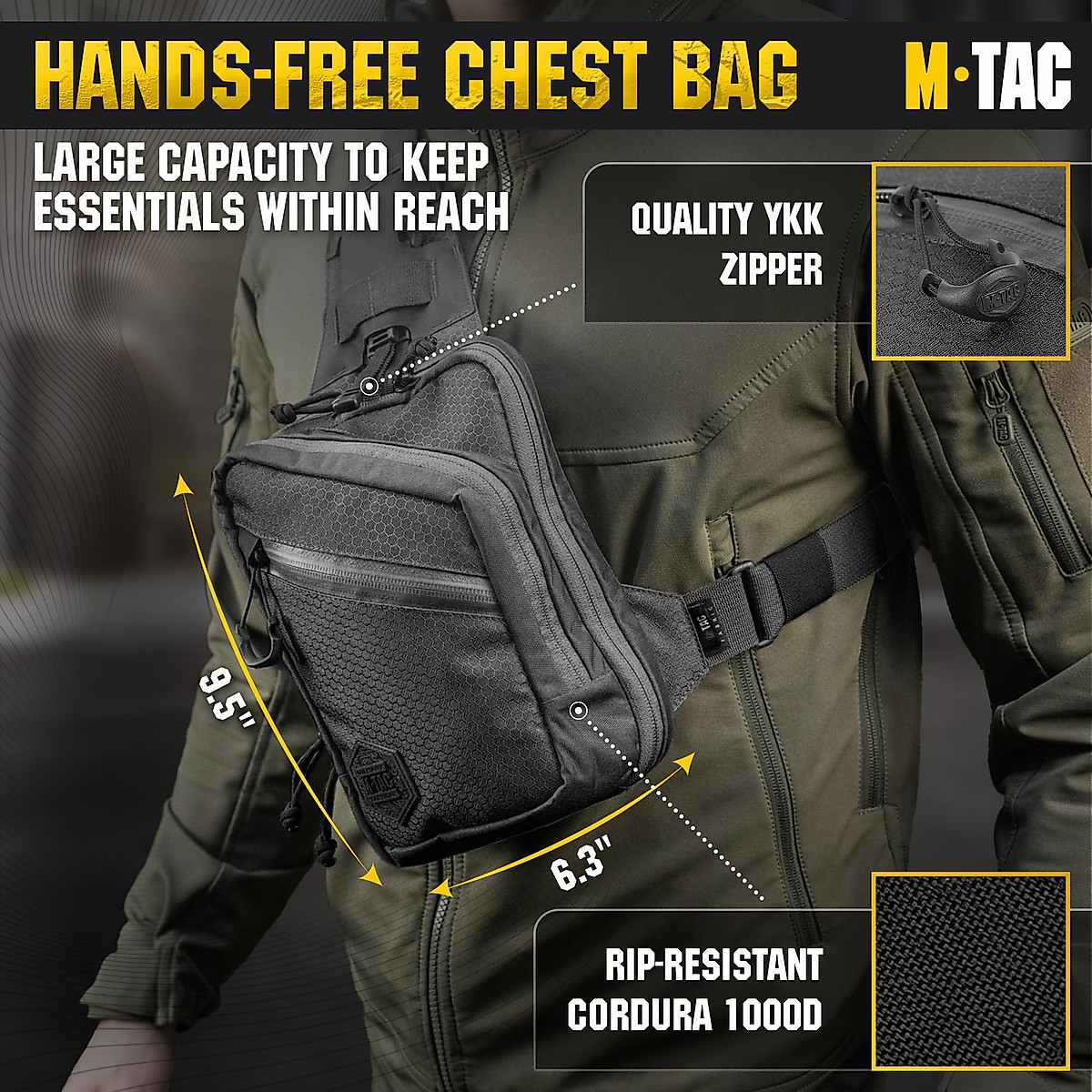 M-Tac Elite Tactical Sling Bag for Men - Crossbody Bag - Concealed Carry Chest Bag - Black Sling Backpack