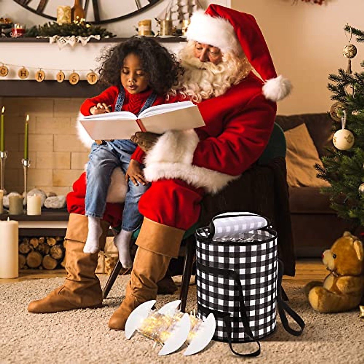 4 Pcs Light Storage Bag Buffalo Plaid Thickened Light Storage Bag with 3 Pcs Cardboard Wraps, Large Light Bulb Storage Bag with Zippered Closure for Holiday Festival (Black Buffalo Plaid)