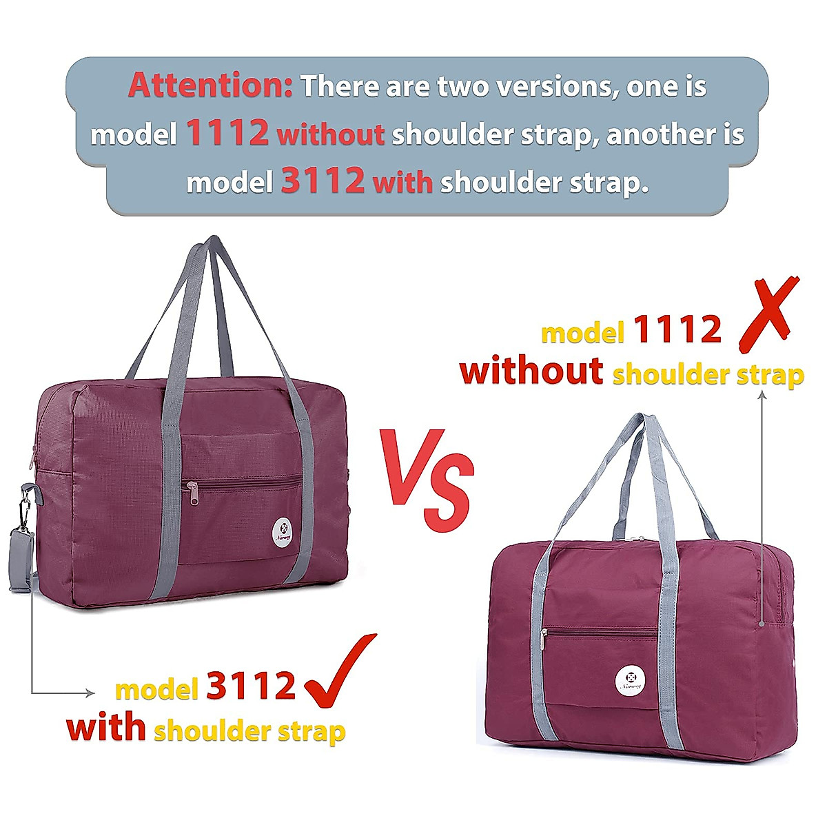 Narwey For Spirit Airlines Foldable Travel Duffel Bag Tote Carry on Luggage Sport Duffle Weekender Overnight for Women and Girls (1112 Wine Red)