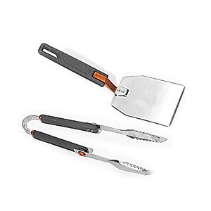 Blackstone 5294 Foldable 2 Piece Hamburger Spatula Flipper and 1 BBQ Tong-Flex Fold Model Stainless Steel-Easy to Carry and Clean Griddle Accessories Tool Set, Black, Orange