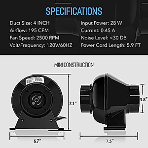 iPower 4 Inch 195 CFM Inline Fan Circulation Vent Blower, Air Carbon Filter and 8 Feet Flexible Ducting for Grow Tent Ventilation, Exhaust, 4" Fan & Filter, HVAC Heating Cooling