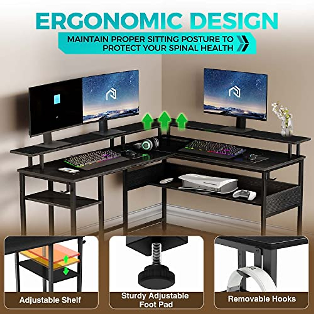 Rolanstar Computer Desk L Shaped with LED Strip & Power Outlets, Reversible L Shaped Computer Corner Desk with Monitor Stand, Home Office Gaming Desk with USB Port&Hook, Black