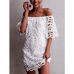 PRETTYGARDEN Women's Summer Off Shoulder Vintage Floral Lace Flare Short Sleeve Loose Elegant Mini Dress (White,Large)