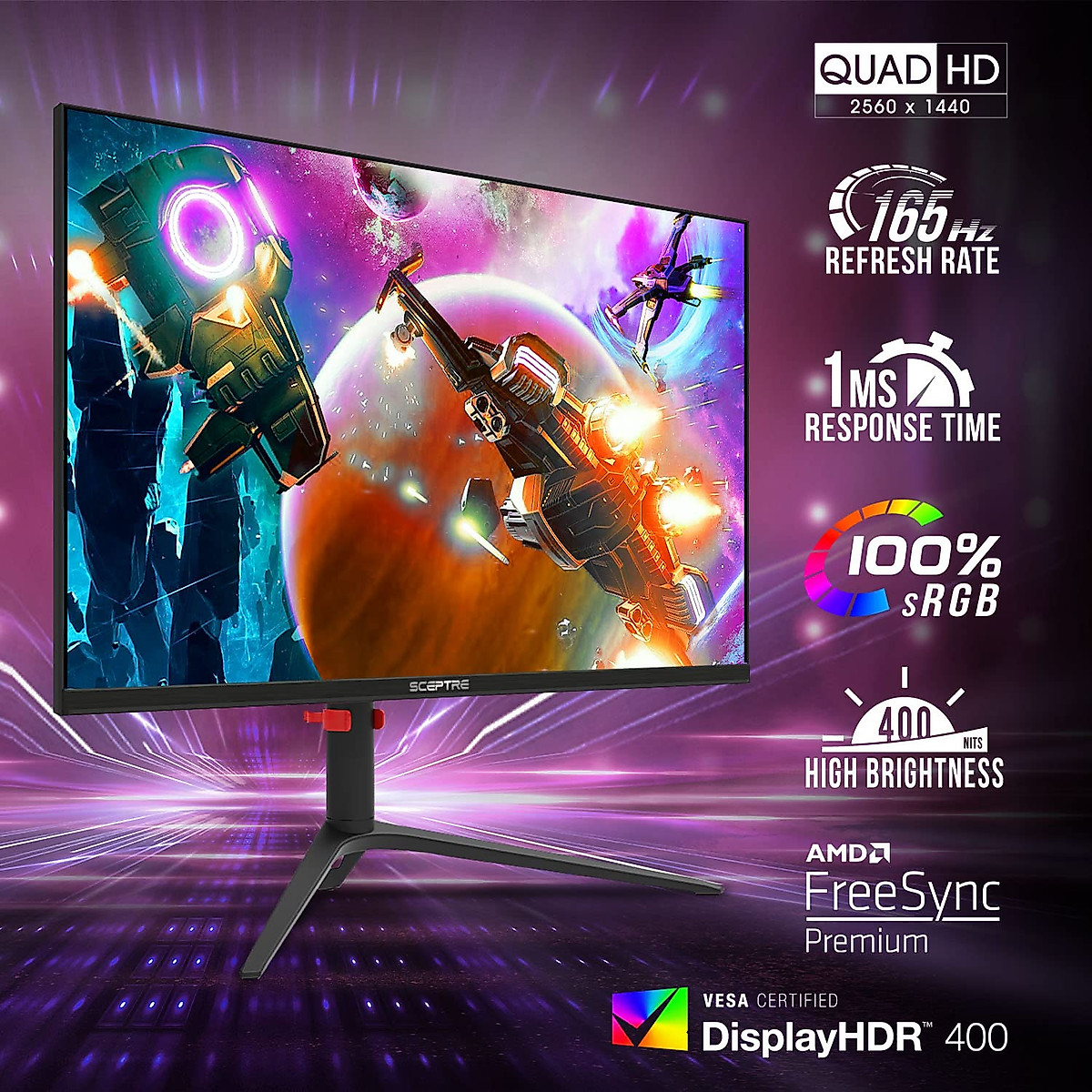 Sceptre 27-inch IPS 2K Gaming Monitor QHD 2560 x 1440p HDR400 up to 165Hz 1ms AMD FreeSync Premium DisplayPort HDMI 100% sRGB, Build-in Speakers Machine Black (E275B-QPD168)