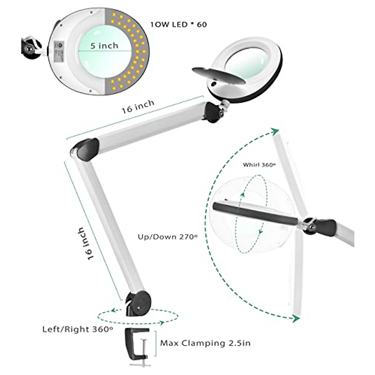 Cosywarm Magnifying Lamp, Upgrade 5 Diopter Glass, Magnifying Glass with Light and Clamp Hands Free, Adjustable Swivel Arm, LED Magnifier Work Lamp for Reading, Hobbies, Workbench.
