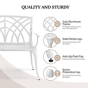 VINGLI 38" Outdoor Bench Cast Aluminium Garden Bench, Orchid Porch Bench Patio Bench Deck Furniture for 1-2 Person Seat(White)