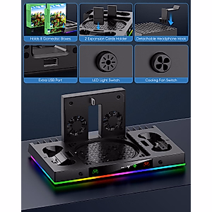 Upgrade Cooling Fan & Dual Charging Stand for Xbox Series X Console & Controller,Cooler Charger Station System for Series X with 15 RGB Lights,2 x 1400mAh Rechargeable Battery,Disc Accessories Storage