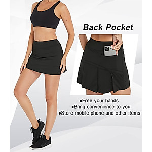 Cityoung Womens Athletic Pleated Golf Skirts with Pockets Tennis Skirt High Waisted with Shorts Running Workout Black L