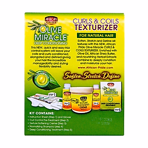 African Pride Olive Miracle Curls & Coils Texturizer - Contains Aloe Vera, Castor Oil & Biotin to Condition & Define Hair, Protect, 1 Kit