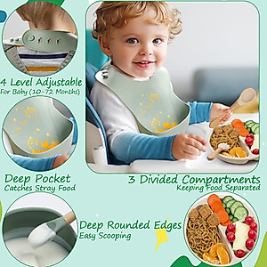 Silicone Baby Feeding Set, 18PCS Baby Led Weaning Supplies, Includes Baby Suction Bowls and Plates, Silicone Baby Bibs, Silicone Baby Cup, Silicone Baby Spoons and Forks (Beige & Olive-green)