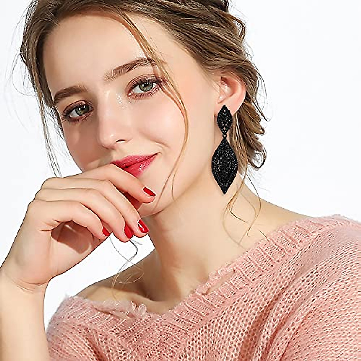 Flyonce Women's Rhinestone Crystal Wedding Bridal 2 Leaf Drop Dangle Chandelier Earrings Deep Black