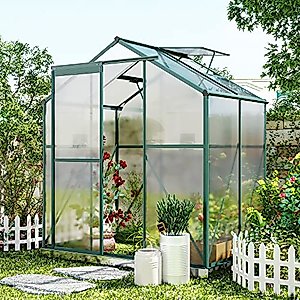 OPTOUGH 6.2x4.3x7.4 FT Polycarbonate Greenhouse with Sliding Door, 2 Vent Window and Base, Walk-in Greenhouse Storage Shed Sunroom Aluminum Hot House for Outdoor Garden Backyard, Green