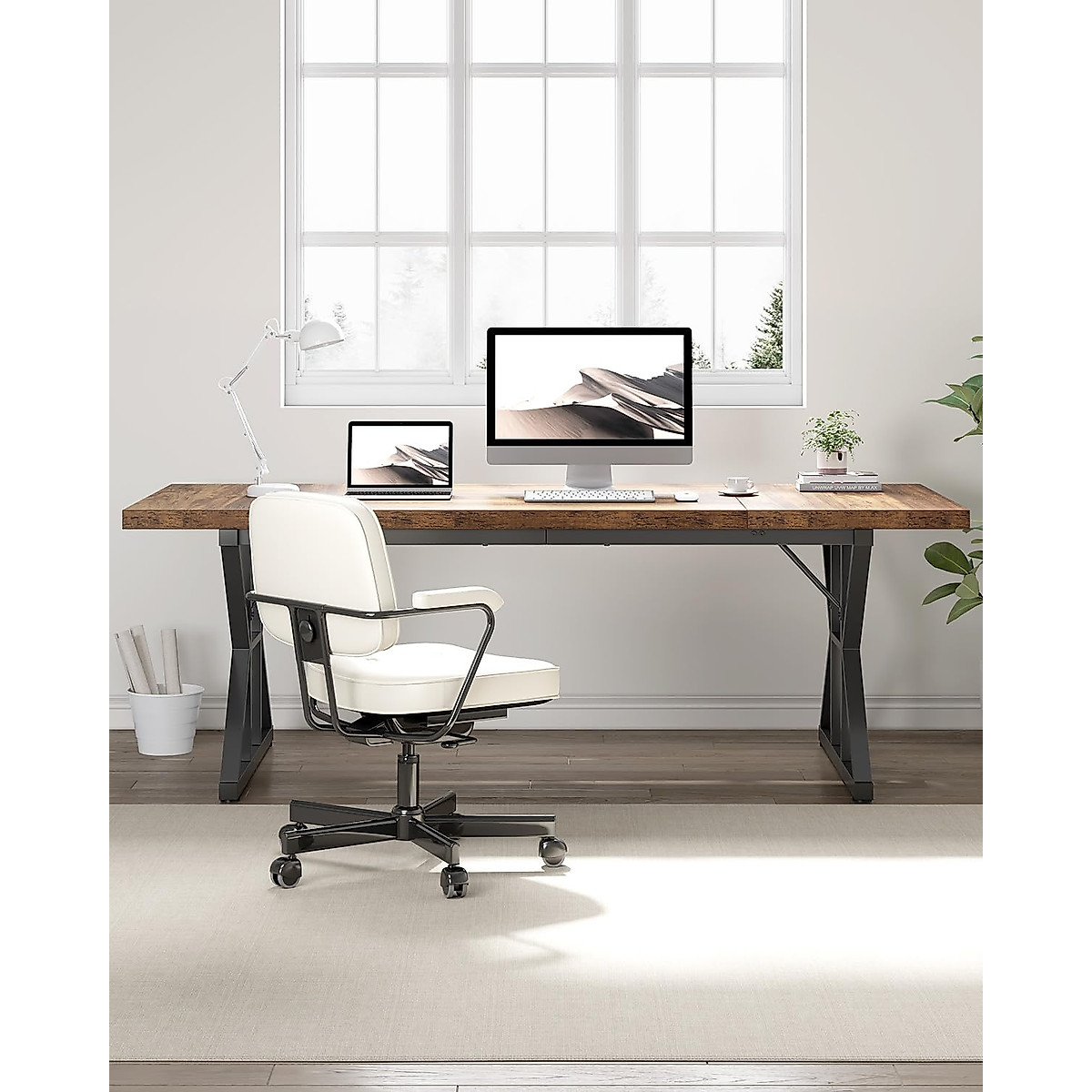 LITTLE TREE 70.8-Inch Office Desk, Wooden Executive Office Desk, Modern Work Desk, Large Farmhouse Writing Table Computer Desk for Home, Brown-Black