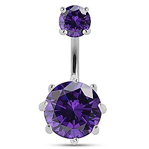 Purple Claw Set 6MM and 10MM Round CZ Stone 925 Sterling Silver Double Side Belly Button Ring Jewelry