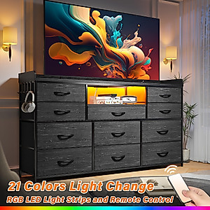 EnHomee Dresser TV Stand with 11 Drawers for 60" TV Stand for Bedroom with LED Lights & Power Outlets Long Dresser for Bedroom with Shelves & 4 Hooks Sturdy Metal Frame & Wood Top, Charcoal Black