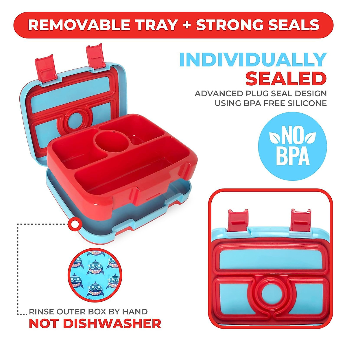 kinsho Bento Lunch Box Insulated Bag, Water Bottle & Ice Pack Set for Kids Toddlers, 4 Portion Sections, Removable Tray, PreSchool Kid Toddler Daycare Lunches, Snack Container, Blue Shark