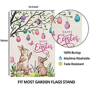 Happy Easter Bunny Garden Flag for Outdoor 12x18 Double Sided,Rabbit Egg Tree Small Yard Flag,Seasonal Decors for Spring Farmhouse Holiday Outside