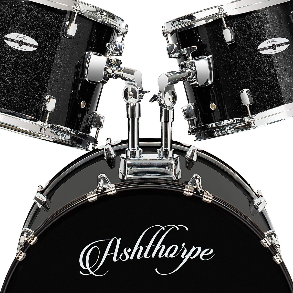 Ashthorpe 5-Piece Full Size Adult Drum Set with Remo Heads & Premium Brass Cymbals - Complete Professional Percussion Kit with Chrome Hardware - Black