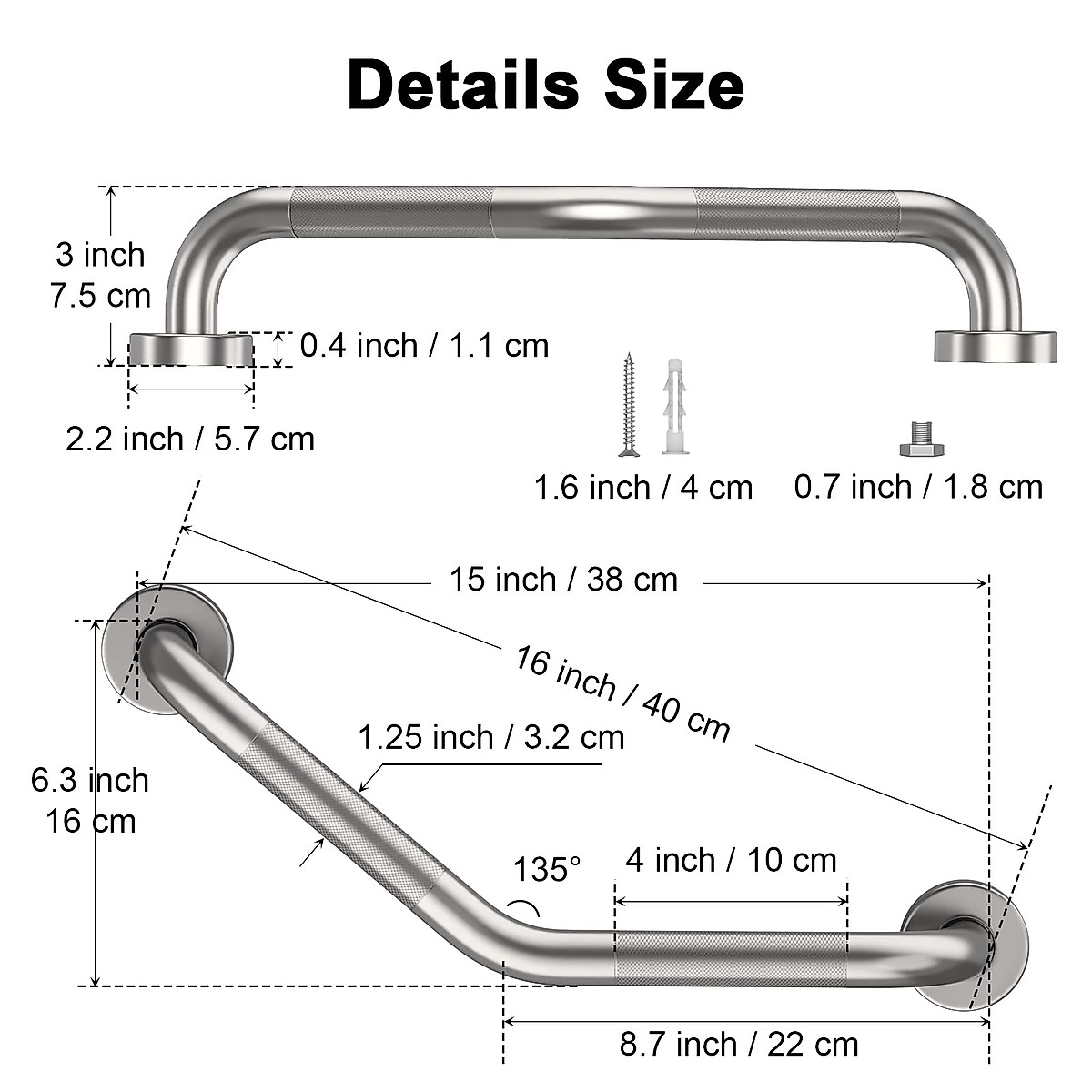 16 Inch Angled Shower Grab Bar, Munzong 2 Pack Anti Slip Satin Brushed Nickel Bathroom Grab Bar, Knurled Bathroom Balance Bar,Safety Hand Rail Support Handicap Elderly Injury Senior Assist Bath Handle