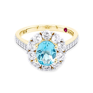 GEMVIO Collection 3 1/2 CT Cluster Halo Design, 6X8MM Oval Blue Topaz & Cubic Zirconia Ring 14k Yellow Gold Over Sterling Silver Engagement Wedding Promise Ring For Womens (3.50Cttw) Ring Size-7.5