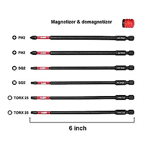 Protorq Long Impact Bit Set, PH2 SQ2 T25, 6-Inch Length, 6-Piece with 1-Piece Magnetizer & demagnetizer