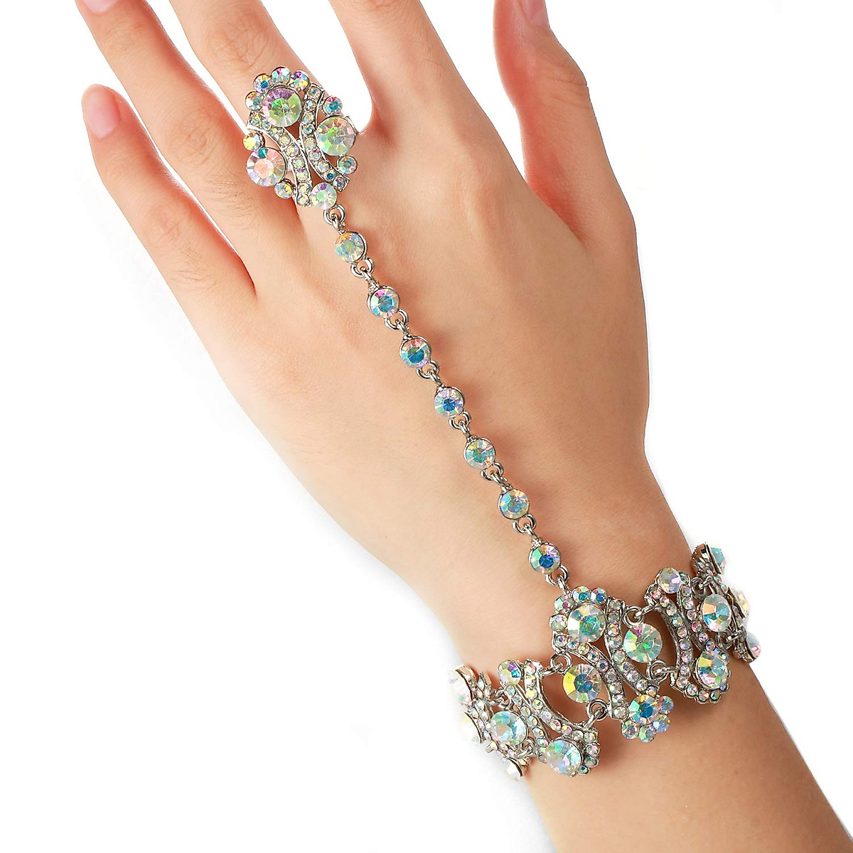 EVER FAITH 1920s Style Inspired Bracelet Adjustable Ring Set Iridescent Clear AB Crystal