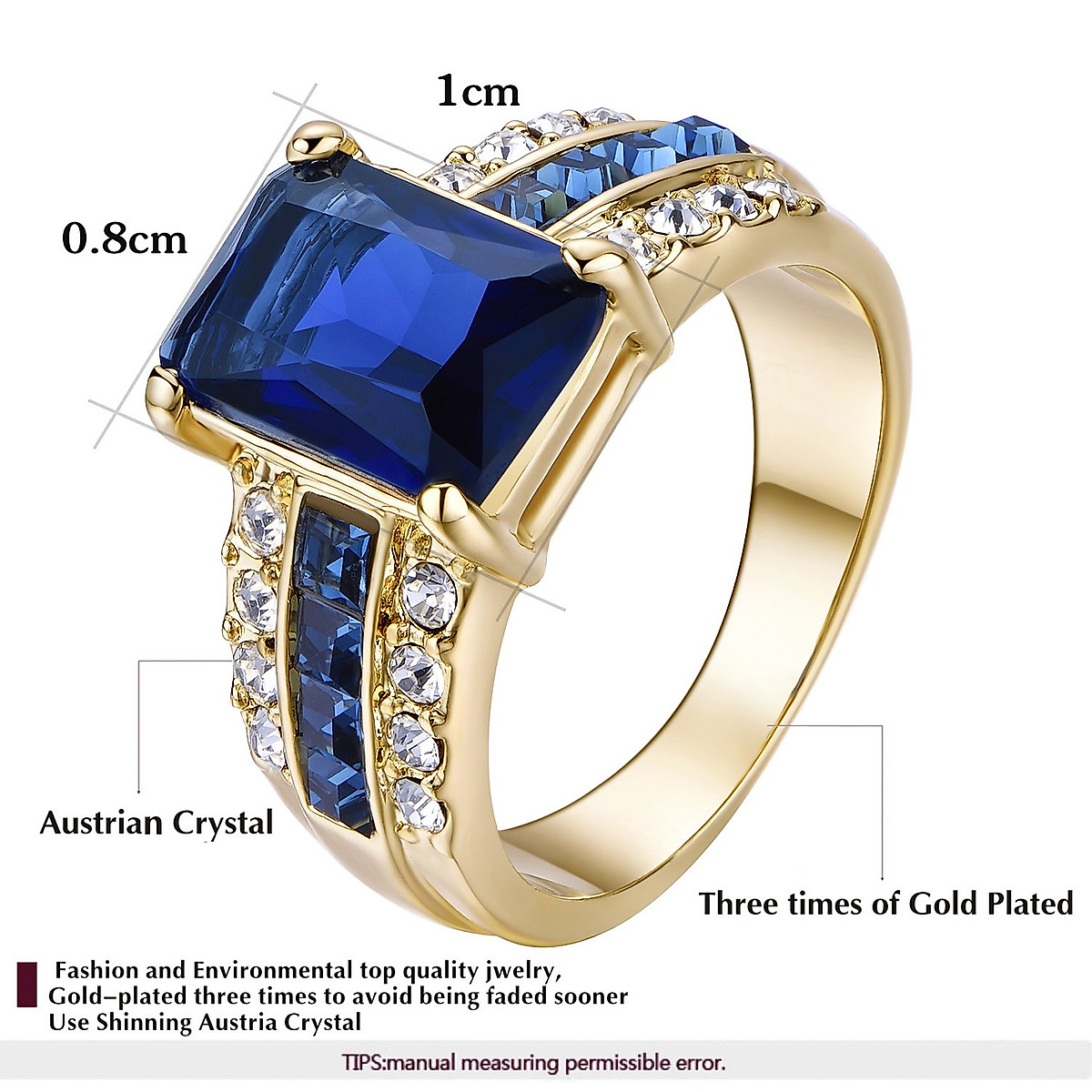 Yoursfs Sapphire Ring For Women Gold Plated Blue Square Stone Rings With Cubic Zirconia Jewelry