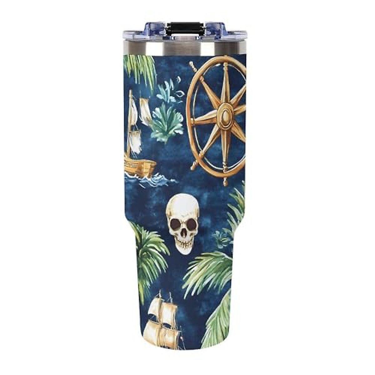 Skull Sailing Ship Parrot Coconut Tree 40oz Water Bottle Double Wall Insulated Tumbler with Handle Leakproof Travel Mug White-style