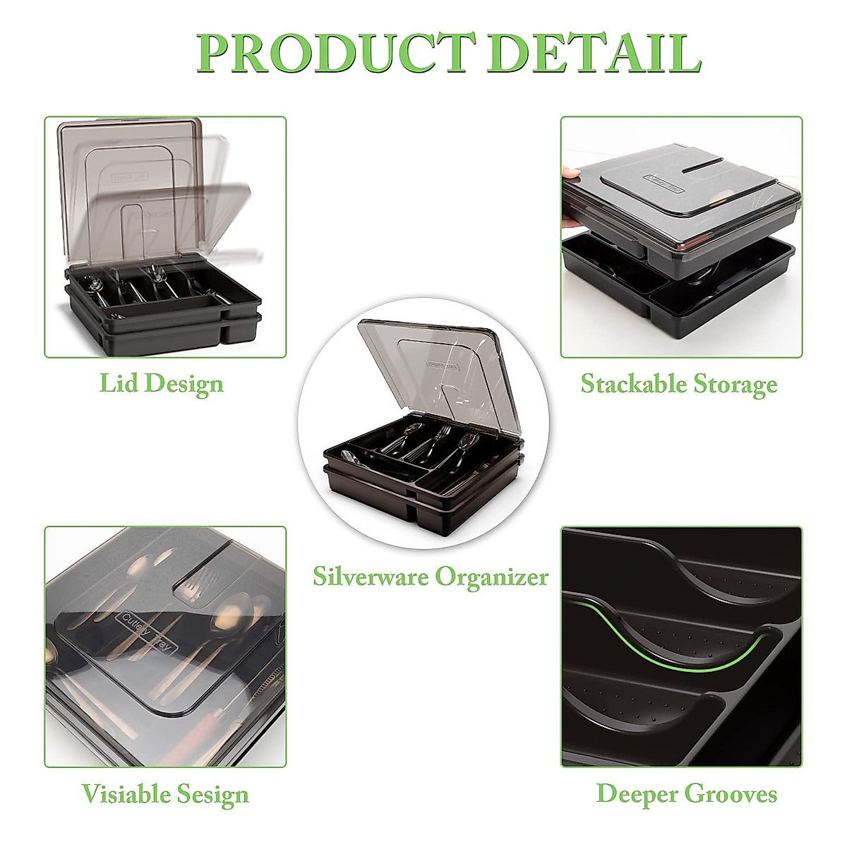 SUICGYU Silverware Organizer with Lid for Drawer, Plastic Utensil Holder for Countertop, Flatware Organizer Cutlery Tray with Cover 5 Compartments (2 Layer-Black)