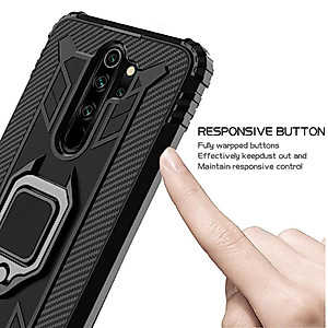 Avesfer for Xiaomi Redmi Note 8 Pro Case with Screen Protector Tempered Glass Ring Holder Kickstand Shock Absorbing TPU Phone Cover Ring Holder Kickstand Scratch Resistant Carbon Fiber (Black)