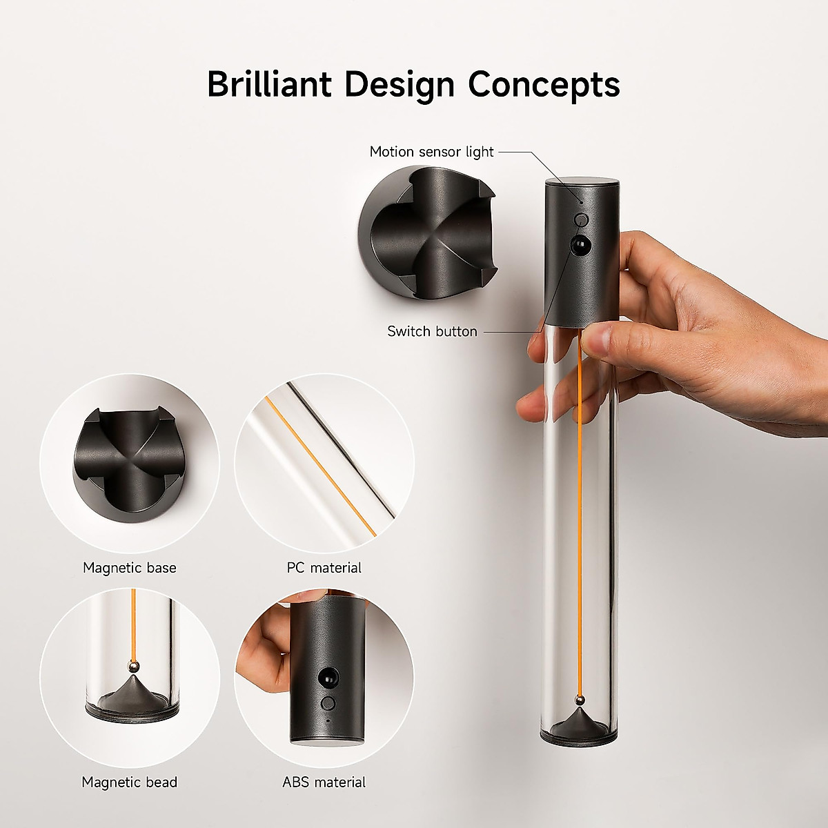 AUGE LIGHT 3-in 1 Battery Powered Wall Light Magnetic LED Wall Lamp Cordless Wall Lights Motion Sensor Wall Sconces for Indoor Staircase Corridor Beside Hallway Cabninet(Gray)