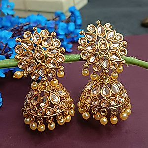 Efulgenz Indian Bollywood Faux Pearl Crystal Kundan Rhinestone Wedding Jhumka Jhumki Dangle Earrings Jewelry Set
