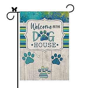 Dog Garden Flag Welcome to Dog House Cute Striped Vertical Burlap Double Sided Outdoor Decor Yard Lawn Home Decoration 12.5 x 18 Inch