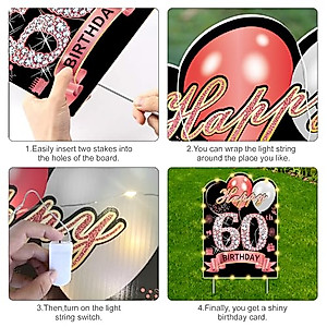 2Pcs Rose Gold 60th Birthday Yard Sign Decoration with String Lights for Women,Happy 60th Birthday Made in 1964 Lawn Sign Party Supplies, Sixty Year Old Birthday with Lights Yard Decor with Stakes