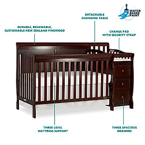 Dream On Me 5-in-1 Brody Full Panel Convertible Crib in Espresso with Changer, Spacious Drawers, Detachable Changing Table, 1''Changing Pad
