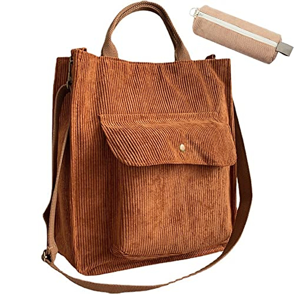 SUNAVY Women Corduroy Tote Bag, Girls Casual Shoulder Handbags Large Capacity with Zipper and Outer Pocket for School Library Travel (Brown)