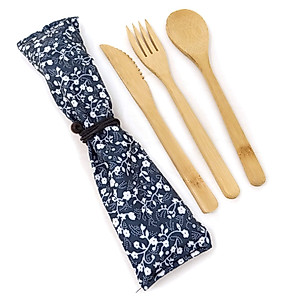 Honbay 3PCS Japanese Style Creative Eco-friendly Bamboo Flatware Set Reusable Utensils with a Retro Pouch -Spoon, Fork, Knife