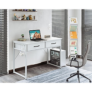 ODK 40 Inch Small Desk with Fabric Drawers- for Bedroom, White Vanity Desk with Storage, Home Office Computer Desk for Small Spaces, Modern Work Writing Study Table, White