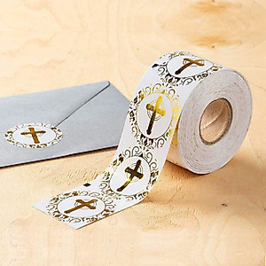 SUPIA 2 Pack 500-Piece Total 1000 Christian Cross Sticker Roll, Design Round Labels with Gold Foil Finish Christening, Communion, Occassions, Envelope Seals, 1 inch/2.5 cm in Diameter (Gold) (DF-136)
