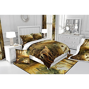 Feelyou Cute Deer Bedding Set King Size Deer Hunting Bedding Duvet Cover Set Antlers Mallard Duck Wild Animal Wild Duck Hunting Fall Tree Lake Comforter Cover Set Yellow Bedspread Cover(No Comforter)