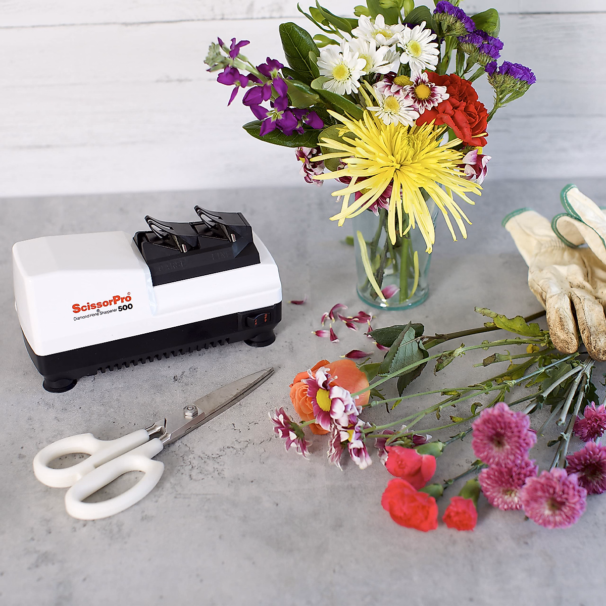 Chef's Choice Scissorpro Electric Professional with Diamond Hone Features Precise Angle Guides Sharpens a Variety of Household Scissors, 2-Stage, White