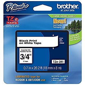 Genuine Brother 3/4" (18mm) Black on White TZe P-Touch Tape for Brother PT-E300, PTE300 Label Maker with Free TZe Tape Guide Included