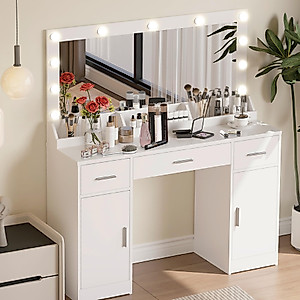 MIRROTOWEL 47.5” Vanity Desk with Large Mirror, 3 Colour Lighting Modes, Adjustable Brightness, Dresser with 3 Drawers & 2 Vertical Cabinets, Makeup Vanity Table for Women Girls White