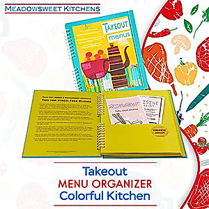 Meadowsweet Kitchens Takeout Menu Holder Organizer, Restaurant Coupon & Menu Binder w/ 8 Large Pockets, 10 Sticker Labels, & Elastic Closure, Take Out Menu Book Sleeve Spiral Binder (Colorful Kitchen)